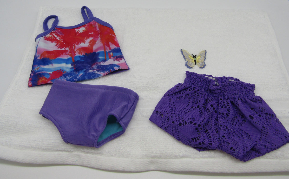 Swim Set 18" Doll 4 Pc: Purple Tropical – Handmade Designs for Dolls
